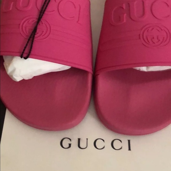 Gucci | Shoes | Authentic Gucci Logo Pink Slides Rubber Sz 9g | Poshmark